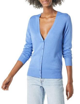 Amazon Essentials Damen Leichter Cardigan mit V-Ausschnitt (in Übergröße erhältlich), Blau, XS