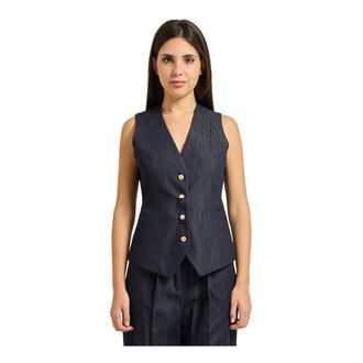 Yes-Zee YES Zee, Femme, Vestes, Bleu, Taille: 40 FR Gilet avec 4 Boutons et Large Encolure