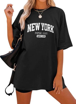 Dresswel Oversized T Shirt Damen New York Brief drucken Vintage T-Shirt Kurzarm Rundhals Retro Tee Shirts Sommer Oberteile Lose Bluse Lang Tops für Teenager Mä