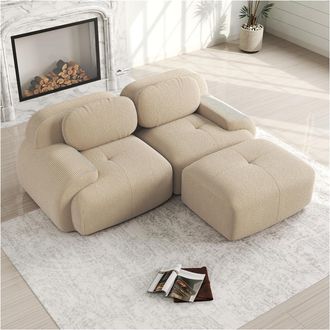 Generic Modulares Schlafsofa mit Ottomane, 3-Sitzer, modulares Cord-Sofa, ohne Montage, for Wohnzimmer, rahmenloses Sofa, mit gebogenen Armlehnen(Beige.,2S+1)