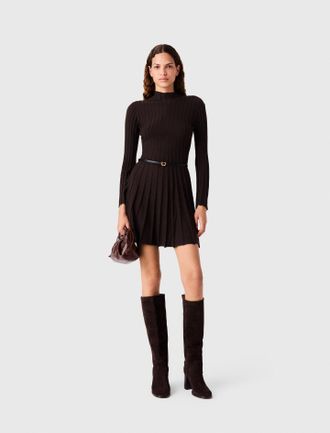 Maje Robe Courte Patineuse &Agrave; Col Montant - Marron Fonce - Taille 34 - Maje