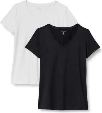 Amazon Essentials Damen Active Quick Dry Tech Stretch Kurzarm-T-Shirt mit V-Ausschnitt (in Übergröße erhältlich), 2er-Pack, Schwarz/Weiß, XXL