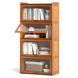 Giantex B&uuml;cherregal, B&uuml;cherschrank mit 4 F&auml;chern, 69 x 34 x 140 cm Vitrinenschrank aus Bambus & Acryl, Standregal f&uuml;r B&uuml;cher, Akten & Dekos, Regal mit T&uuml;ren (