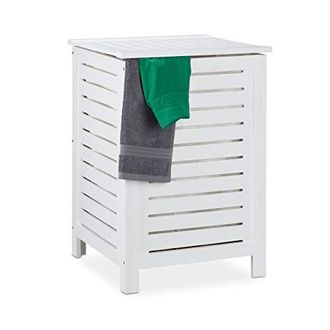 Relaxdays Panier &agrave; Linge avec Couvercle, 86 l, Sac Amovible, Bois de pin, Corbeille 65,5x45 cm, Blanc