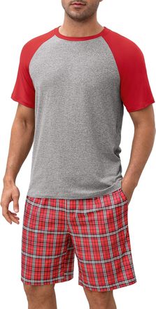 Ekouaer Schlafanzug Herren Kurz Pyjama Zweiteiliges Set Kurzarm Shirt Kariert Pyjamahose mit Tasche und Kordelzug, Rotkariert, L