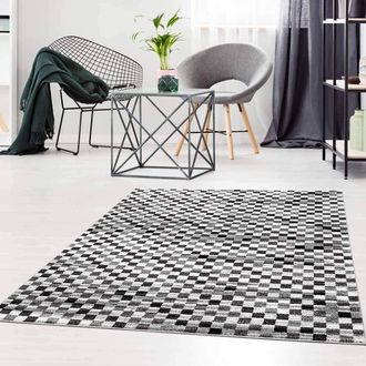 Carpet City Teppich Modern Karo-Look - 160x225 cm Grau Meliert - Kurzflor Teppiche Wohnzimmer