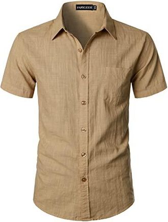 PARKLEES Chemise décontractée à manches courtes en coton et lin pour homme avec poche, kaki, 3XL