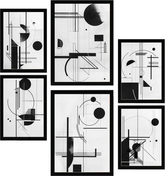 Nacnic 6er-Set Bauhaus-Schwarz-Weiß-Linien und -Formen Gerahmtes Poster mit Design-Illustrationen zur Dekoration der Wände Ihres Zuhause im A3 A4 Schwarzer R
