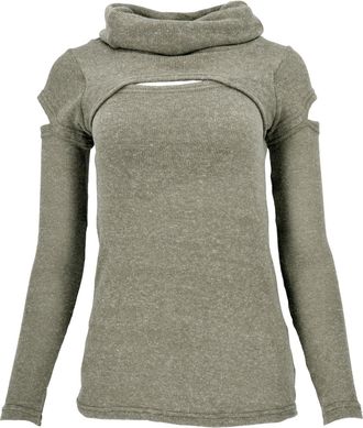 Guru Shop Psytrance Feinstrick Langarmshirt mit Offenen Schultern, Rollkragen - Olivgr&uuml;n, Damen, Baumwolle, Size:M