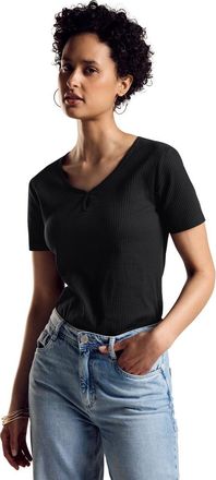 Street One Damen A321671 Geripptes T-Shirt, Schwarz, 40
