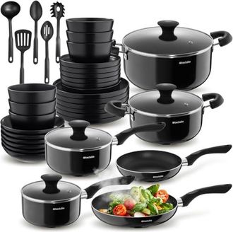 TecTake Set de cuisine 39 pi&egrave;ces, Service de table 6 personnes et Batterie de cuisine, Po&ecirc;les, Casseroles, Assiettes petites et grandes, Assiettes creuses, Bo