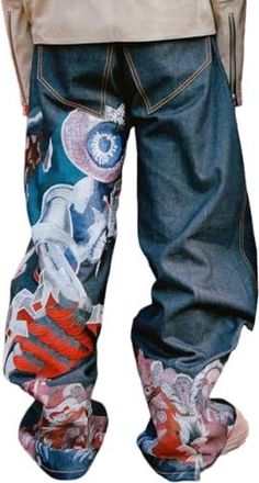 ORANDESIGNE Pantalon Ample pour Homme Coupe Droite Style Hip-hop Bleu Baggy Jeans Adolescent Garçon Streetwear Y2K Pantalon Vintage Imprimé Jeans Skater Planche À