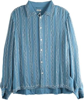 Bode Homme, Chemises, Bleu, Taille: L Beaded Sea Stripe Shirt