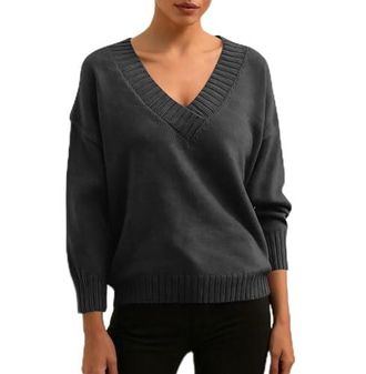 Generic Pull court &agrave; col en V pour femme, d&eacute;contract&eacute;, couleur unie, manches longues, pull court polyvalent, pull en tricot, gris fonc&eacute;, 4XL
