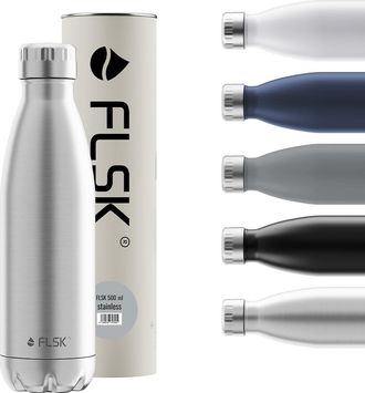 FLSK Trinkflasche - Premium Edelstahl Thermosflasche - 100 % auslaufsicher & kohlens&auml;uregeeignet - h&auml;lt 24 h kalt & 18 h hei&szlig; - BPA-frei (stainless, 500 ml