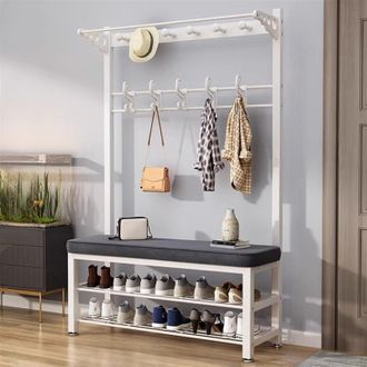 Generic 5-in-1 Entryway Coat Rack with Bench, 9 Removable Hooks & Hanging Rod, White Hall Tree with Storage Nizing Coats & Accessories (100cm)
