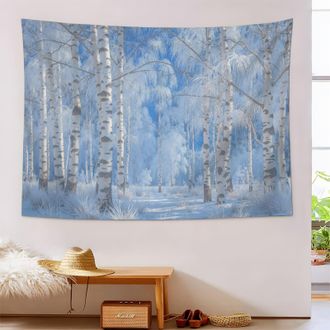 Generic Winterlicher Birkenwald Wandbehang Wandteppich, Winterlandschaft Tapisserie, Blau Wandbehang Wandteppich Raumteiler Vorhang Für Wohnzimmer Schlafzimme