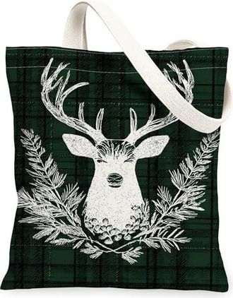 Generic Sacs fourre-tout en toile de cerf rustique, motif pommes de pin vintage, sacs d&eacute;picerie r&eacute;utilisables, carreaux dhiver, l&eacute;gers et lavables &agrave; l&eacute;paule S