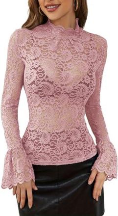 Onsoyours T-Shirt Transparent en Dentelle à Manches Longues pour Femme Haut Femme Chic et Élégant Tee Shirt à Col Montant pour Femme Elégant Sheer Top Maille Tu