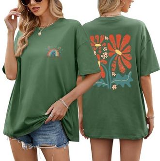 Heekpek T Shirt Femme Oversize Tr&egrave;s Large Teeshirt Coton Col Rond T-Shirt Manches Courtes Chic Imprim&eacute; D&eacute;contract&eacute; Grande Taille Haut Femme Ete, Vert, XXL