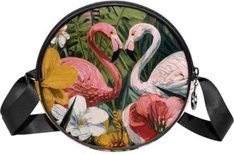 Generic Petit sac &agrave; bandouli&egrave;re circulaire pour femme, motif flamants roses dans la jungle, petit sac &agrave; dos &agrave; bandouli&egrave;re avec fermeture &eacute;clair, bretelles r&eacute;g