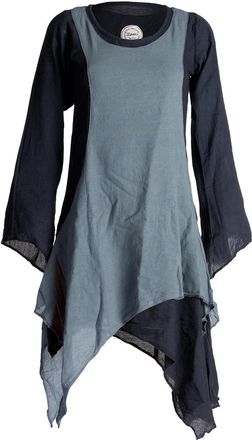 vishes Alternative Bekleidung - Lang&auml;rmliges Zipfeliges Lagenlook Kleid/Tunika aus handgewebter Baumwolle schwarz-grau 36-38