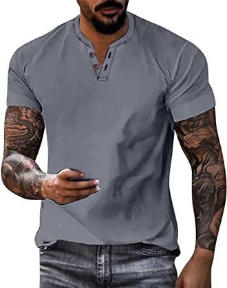 Generic Chemise &eacute;t&eacute; Homme D&eacute;contract&eacute;e Chemise Manches Courtes Couleur Unie Homme T-Shirt Col V Boutons Maillots de Corps Coton Henley Fitness Sports de Plein