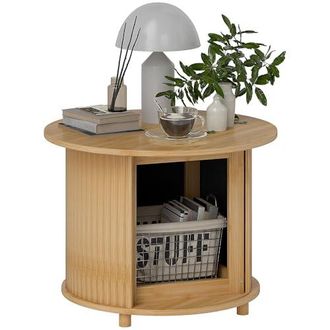 HOMCOM Couchtisch Runder Wohnzimmertisch aus Bambus mit verstecktem Stauraum und Schiebet&uuml;r, runder Beistelltisch im Modern-Stil, f&uuml;r Wohnzimmer, Natur, &Oslash;60 