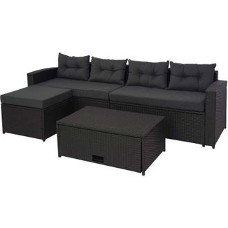 Hhg neuwertig] Poly-Rattan Garnitur 080, Balkon-/Garten-/Lounge-Set Sitzgruppe Sofa, Staufach schwarz, Kissen dunkelgrau