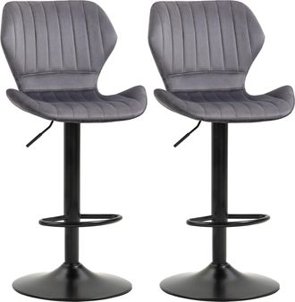 HOMCOM 2er Set höhenverstellbarer Barhocker mit ergonomischem Sitz und Fußstütze, Hochhocker in Samtoptik und Metall, 47x51,5x92-114 cm, Grau