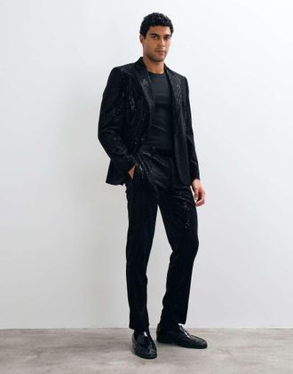 Asos Pantalon de costume slim en velours &agrave; sequins - Noir