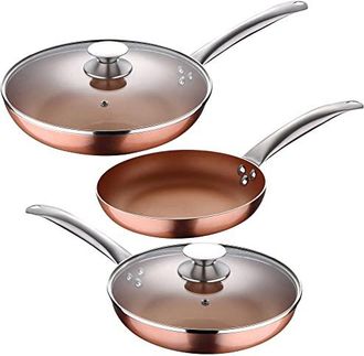 San Ignacio Optimum Copper | Pfannen Antihaftbeschichtet | Pfannenset mit 3 Bratpfannen mit 20, 24 und 28 cm und 2 Deckeln | Aus Gepresstem Aluminium | Multiclad-