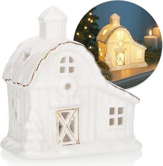 Com-Four Maison LED en Porcelaine - Maison Lumineuse &agrave; Piles - Maison Lumineuse d&eacute;corative Blanche Brillante pour la d&eacute;coration dhiver et de No&euml;l (Maison - 11c
