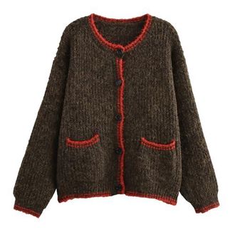 Generic Cardigan d&eacute;contract&eacute; &agrave; manches longues pour femme, coupe d&eacute;contract&eacute;e, col rond contrast&eacute;, boutonn&eacute;, avec poches, caf&eacute;, taille unique pour un usage qu