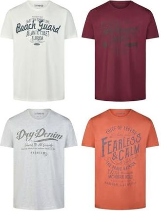 Riverso RIVLeon - Lot de 4 t-shirts &agrave; col rond et manches courtes pour homme - 100 % coton - Coupe droite - Vert, bleu, blanc, gris, rouge, orange - Taille S,