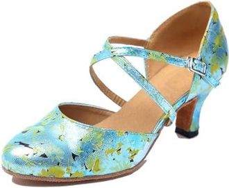 MGM-Joymod Sandales de danse latine à bout fermé pour femme Motif floral, Talon turquoise de 6 cm, 37 EU