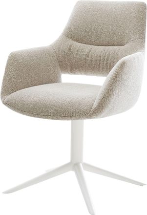 DELIFE Esszimmerstuhl Yago-Flex mit Armlehnen Fu&szlig;kreuz Wei&szlig; Webstoff Soft Beige 360&deg; drehbar Wippfunktion Taschenfederkern