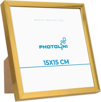 Photolini Bilderrahmen 15x15 cm Gold, Kunststoff-Rahmen schmal, bruchsicheres Acrylglas, zum Aufstellen und Aufhängen, extra Zubehör - Dokumentenrahmen für Urku
