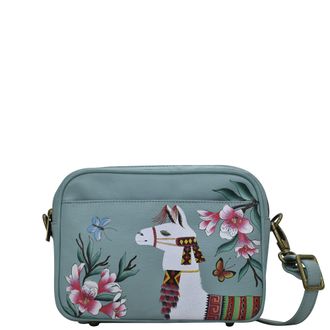 Anuschka Damen Womens Hand-Painted Leather Twin Zippered Crossbody Umh&auml;ngetasche mit Zwei Rei&szlig;verschl&uuml;ssen, Llama Llama
