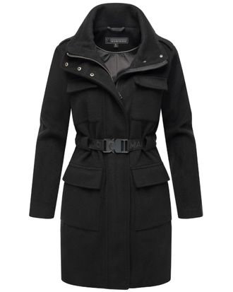 Marikoo Damen lange &Uuml;bergangsjacke Kurzmantel in Woll-Optik mit Tailleng&uuml;rtel Tanokoo 16 Black Gr. XXL