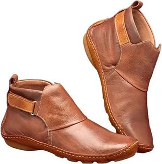 Generic Bottes plates en cuir vintage pour femme - Bottes dhiver &agrave; bout rond - Bottes de costume, marron, 36.5 EU