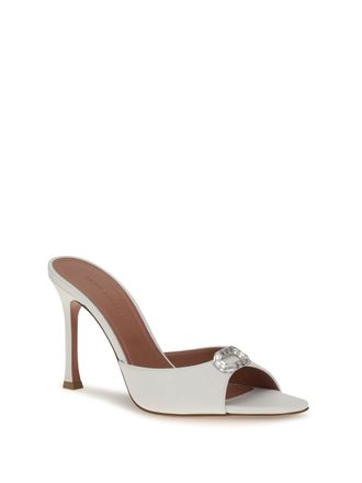 Amina Muaddi Womens Camelia Leather Mule Sandals White Crystal Buckle Calf Bos Taurus