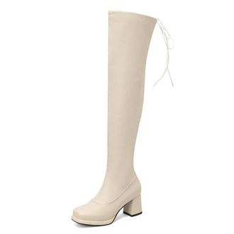 Generic Bottes &agrave; lacets &eacute;lastiques au-dessus du genou pour femme - Bout carr&eacute; - Plateforme - Talons blocs - Chaussures dhiver, beige, 39.5 EU