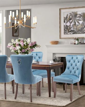 Generic Samtgepolstertes, Getuftetes Esszimmerstuhl-Set Mit Nagelkopfbesatz Und Beinen Aus Massivholz - Beige (für Esszimmer, Küche, Restaurant)(Sky-Blue,Set 