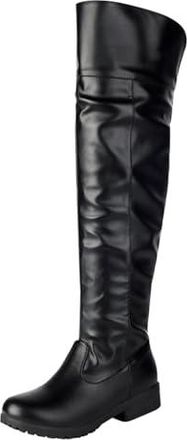 Generic Bottes Hautes Femme Elegant Cuir Talon Bas Bout Rond Grandes Tailles Bottes &Agrave; Enfiler Semelle Chunky Antid&eacute;rapante Tendance Chaussures Femme D&eacute;contrac