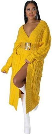 Generic Cardigan en tricot &eacute;pais pour femme, grande taille, pulls longs pour femmes, ouvert sur le devant, manches longues en tricot torsad&eacute;, jaune, XXL