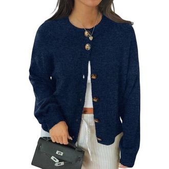 Generic Cardigan tricot&eacute; en cachemire, chandails en tricot cachemire vintage pour femmes, cardigan court boutonn&eacute; sur le devant, pull doux &agrave; col rond, bleu ma