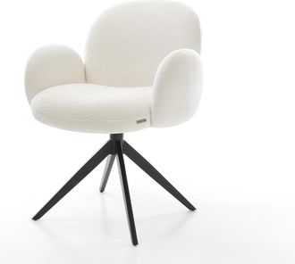 DELIFE Drehstuhl Nube-Flex mit Armlehnen Boucl&eacute; Soft Beige Kreuzgestell breit Schwarz 360&deg; drehbar Wippfunktion Taschenfederkern, Esszimmerst&uuml;hle