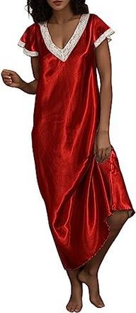 Generic 2026 Femmes Court S0leeve Col en V Vêtements Dintérieur Pyjamas Longue Robe De Nuit Vêtements De Nuit, bordeaux, XXL