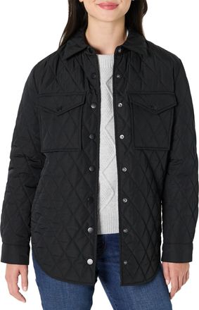 Amazon Essentials Damen Lange Relaxed-Fit-Steppjacke mit Druckkn&ouml;pfen, Schwarz, XXL